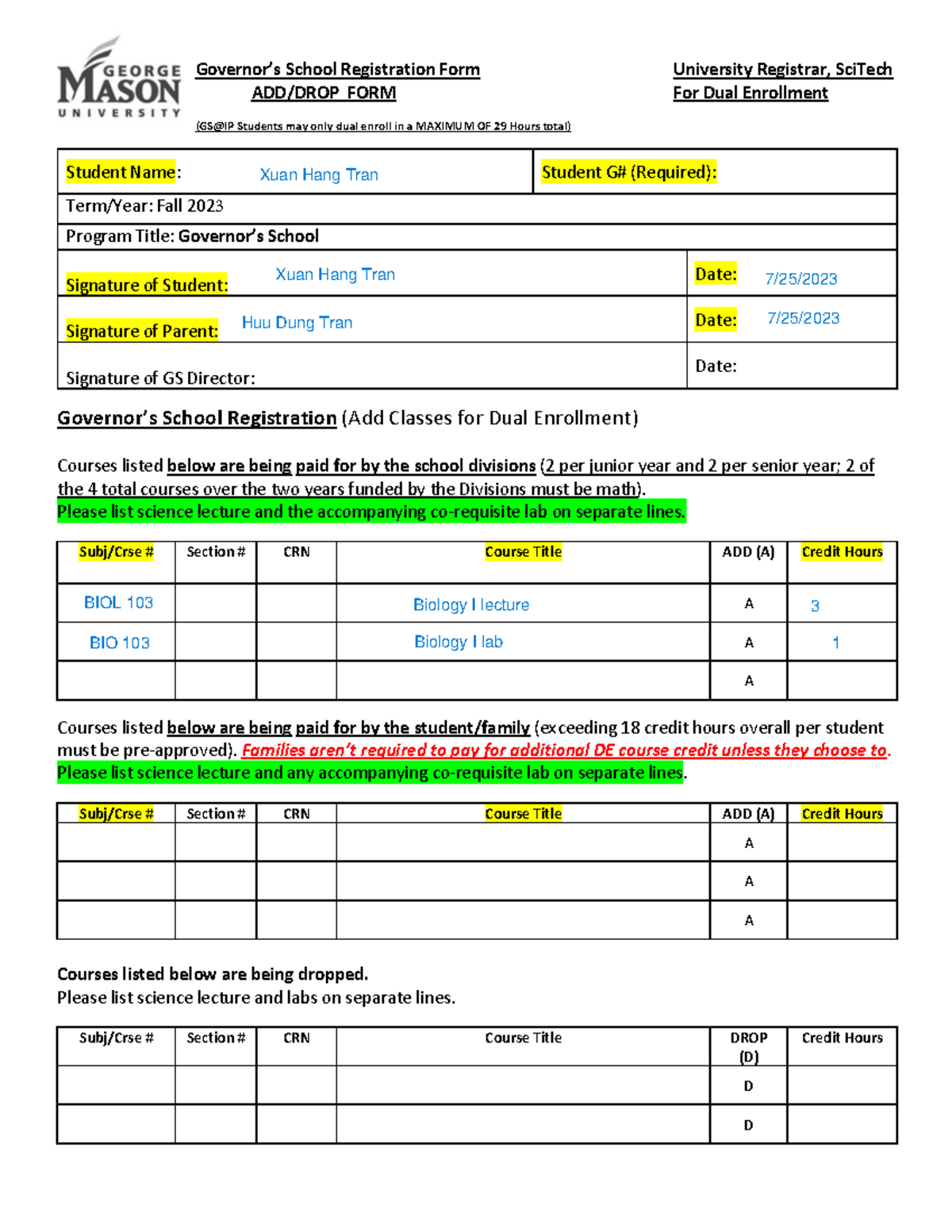GS Mason DE Add-Drop Form for Fall 2023 - Studocu