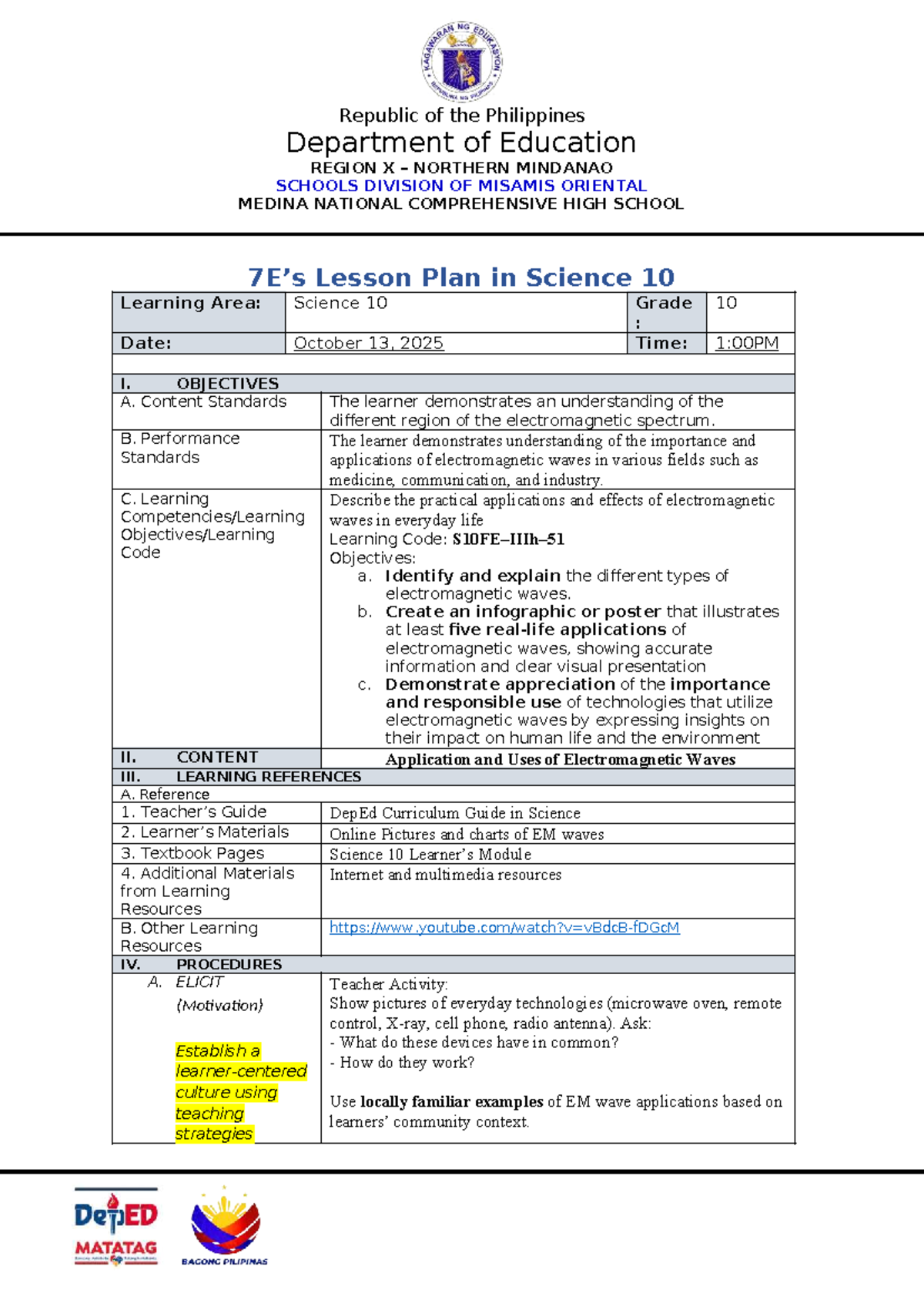 Science 10 Lesson Plan: Applications of Electromagnetic Waves - Studocu