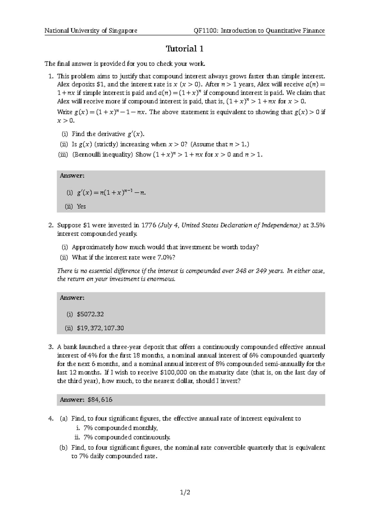 Tutorial 1 - tut 1 - National University of Singapore QF1100 ...