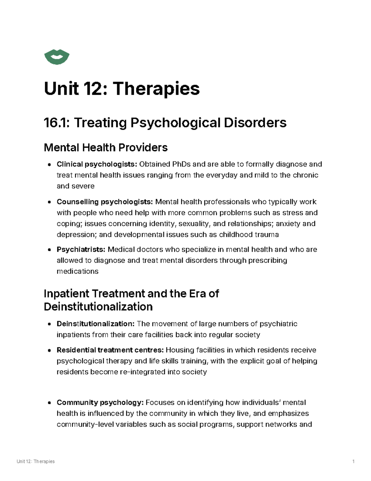 Unit 12 Therapies - notes for final exam (DE!) - Unit 12: Therapies 16 ...