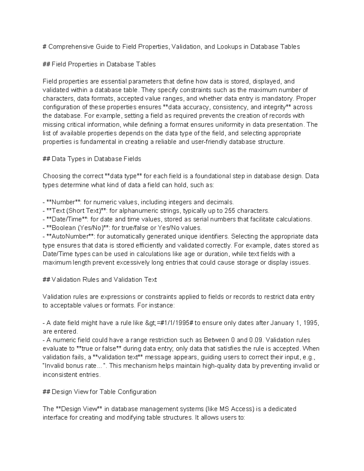 Comprehensive Guide to Field Properties & Validation in DB Tables - Studocu