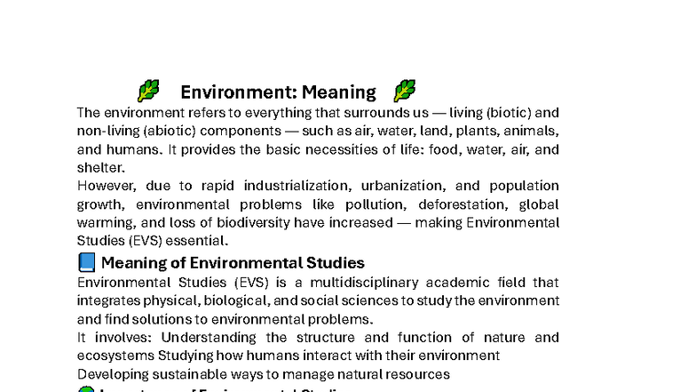 EVS: Understanding Environmental Studies and Its Importance - Studocu