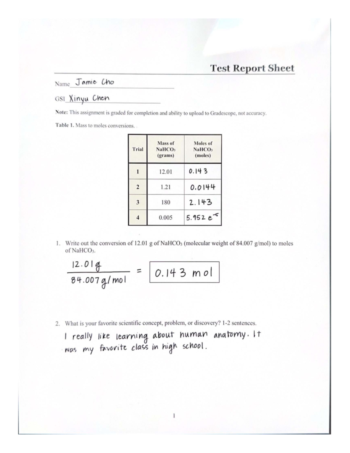 Test Report Sheet for Chem 1AL - Jamie Cho & GSI Xinyu Chen - Studocu