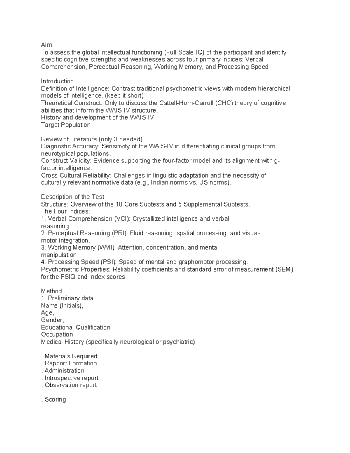 WAIS-IV Cognitive Assessment Notes: IQ, Indices & Psychometrics - Studocu