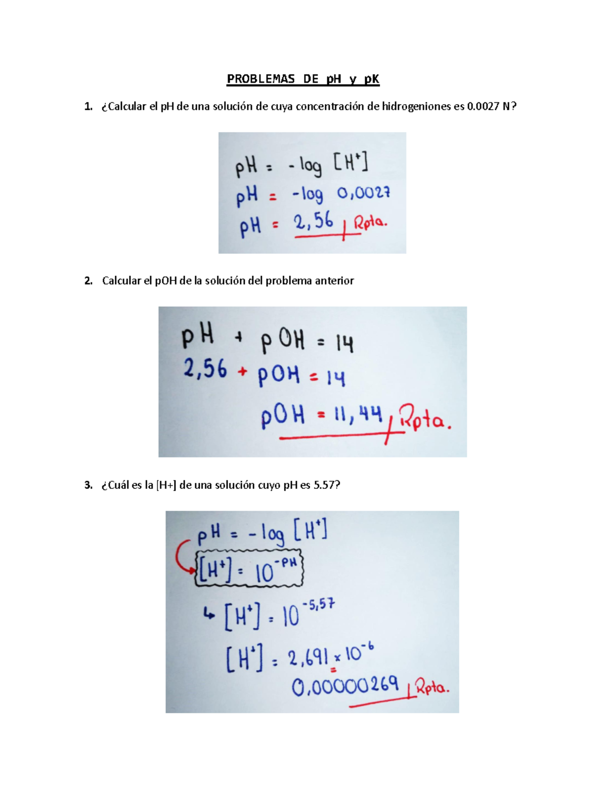Problemas DE p H Y p Ka - Ejercicios- Bioquimica - PROBLEMAS DE pH y pK ¿Calcular el pH de una ...