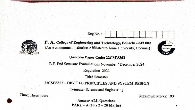 DPSD 22CSES302 B.E. End Sem Exam Nov-Dec 2024: Digital Principles & System - Studocu