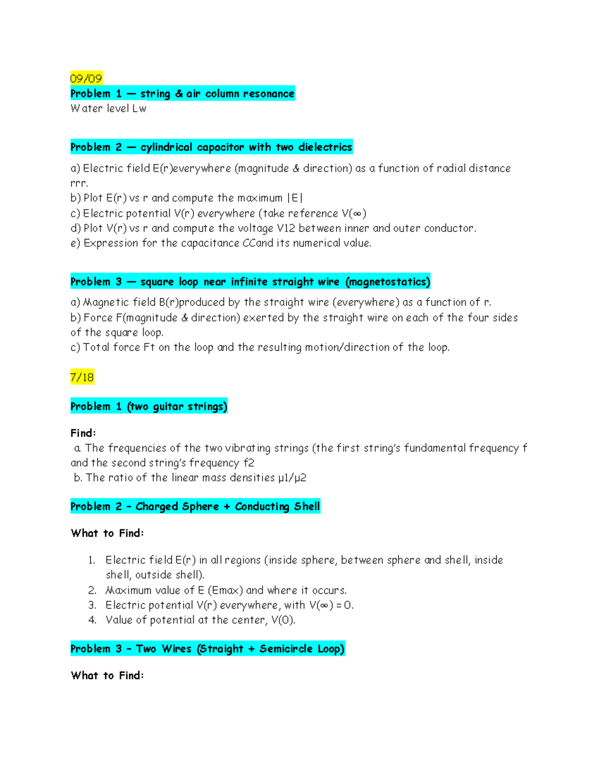 Physics Problems: Resonance, Capacitors, and Magnetic Fields (PHYS 101 ...