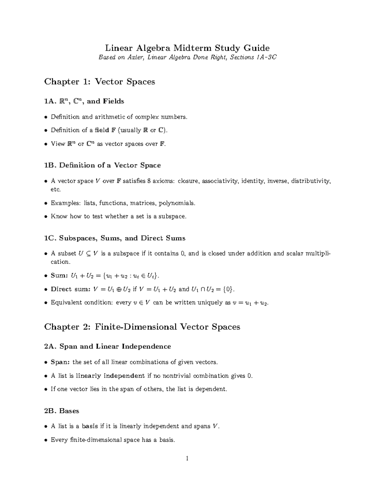 Linear Algebra (MATH 101) Midterm Study Guide: Axler, Ch. 1A-3C - Studocu