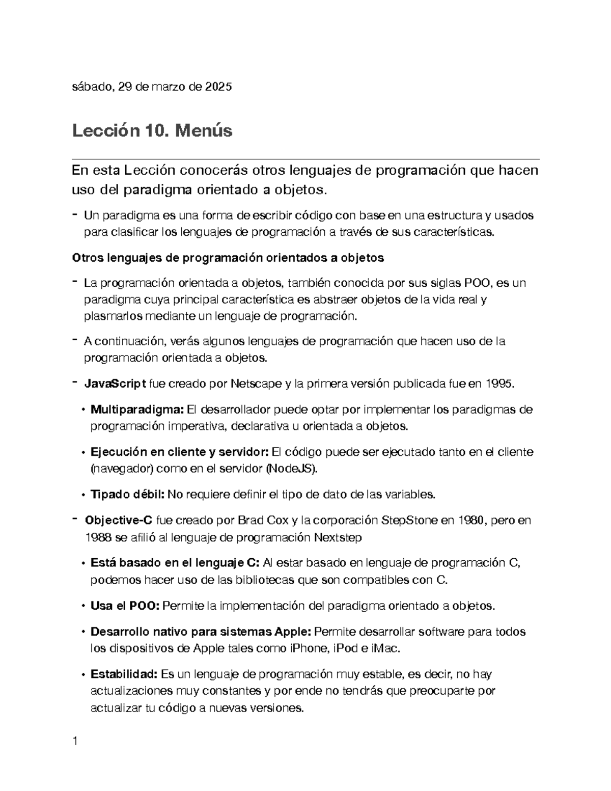 Lección 11. Otros lenguajes orientados a objetos - sábado, 29 de marzo ...
