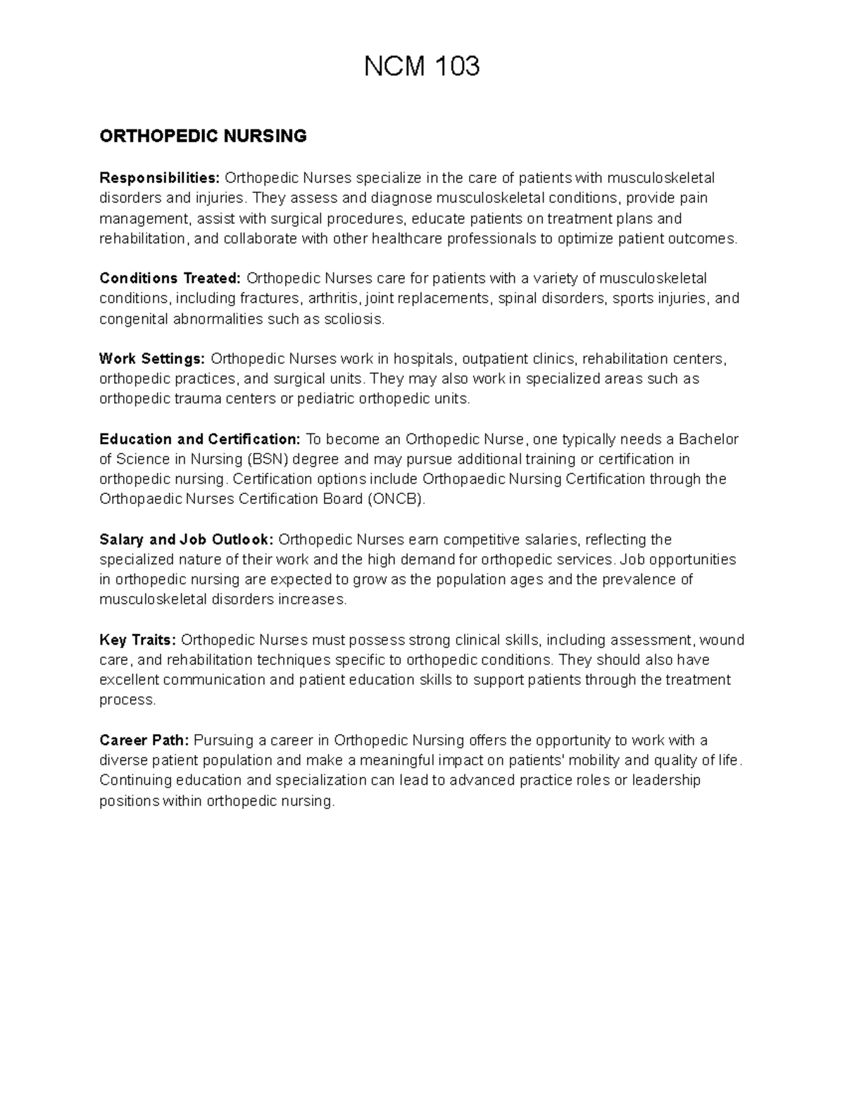 NCM 103: Comprehensive Overview of Orthopedic and Emergency Nursing ...