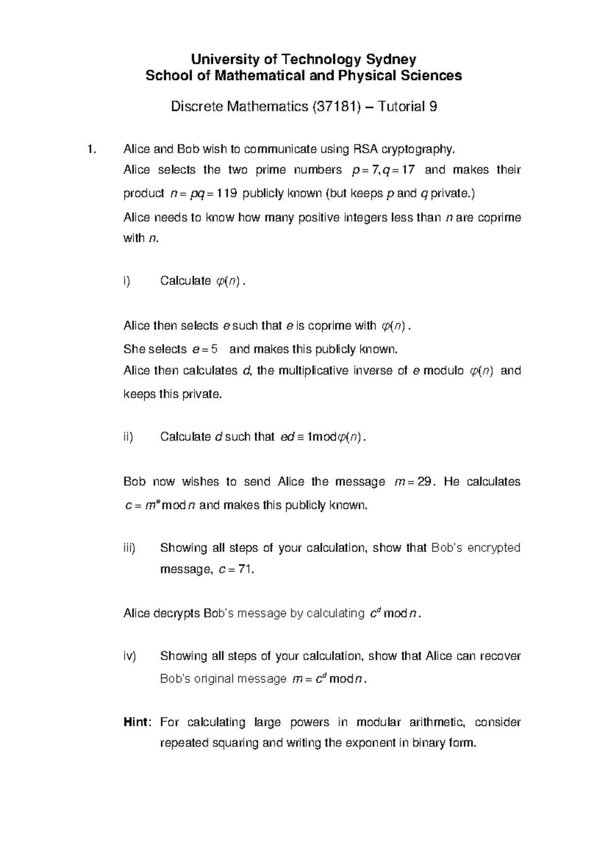 37181 Discrete Mathematics Tutorial 9: RSA Cryptography Problems - Studocu