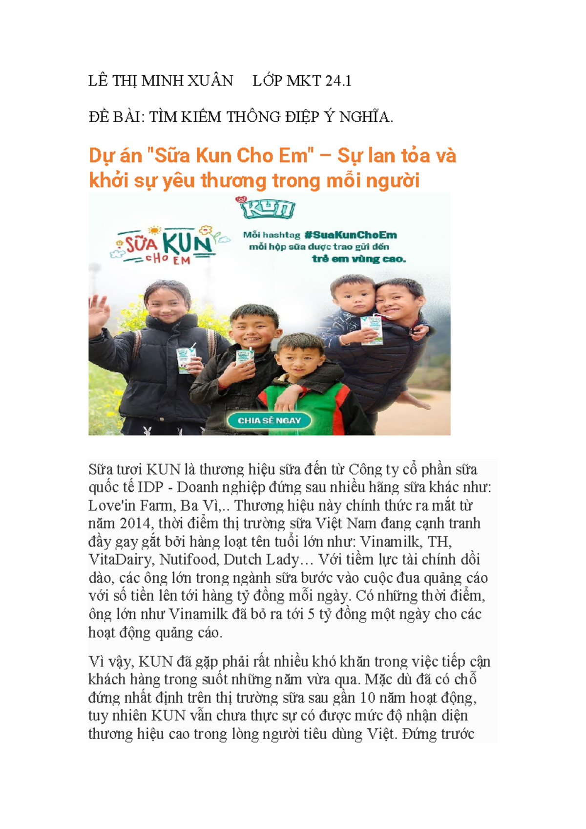 Đề Tài Nghiên Cứu: Ý Nghĩa Dự Án Sữa KUN Cho Em - Lớp MKT 24 - Studocu