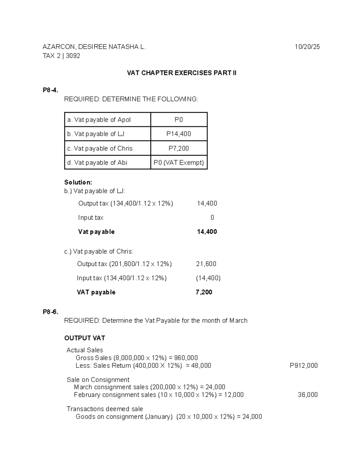 TAX 2 3092 VAT CHAPTER EXERCISES PART II SOLUTIONS - Studocu
