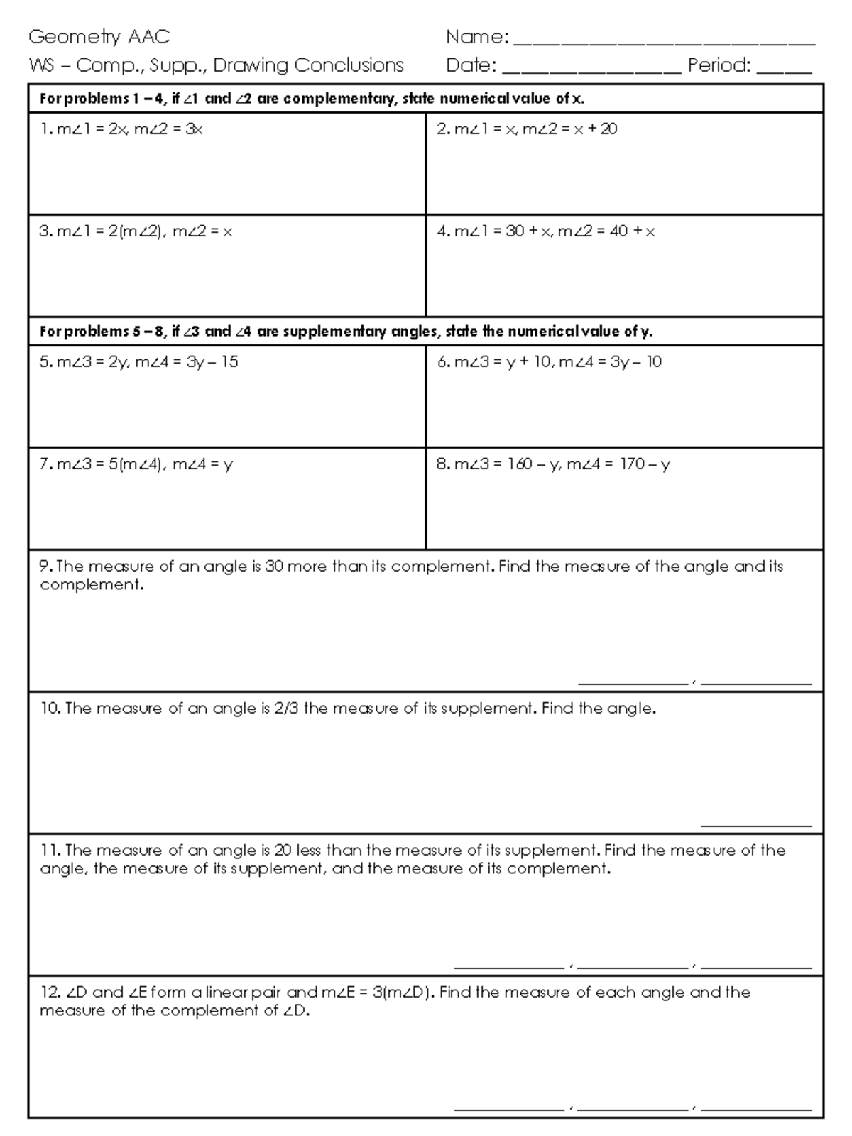 Geometry AAC Lesson 3: Comp, Supp, & Drawing Conclusions Homework - Studocu
