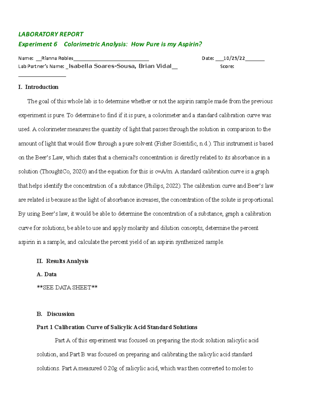 Laboratory Report - lab #6 - LABORATORY REPORT Experiment 6 Colorimetric Analysis: How Pure is ...