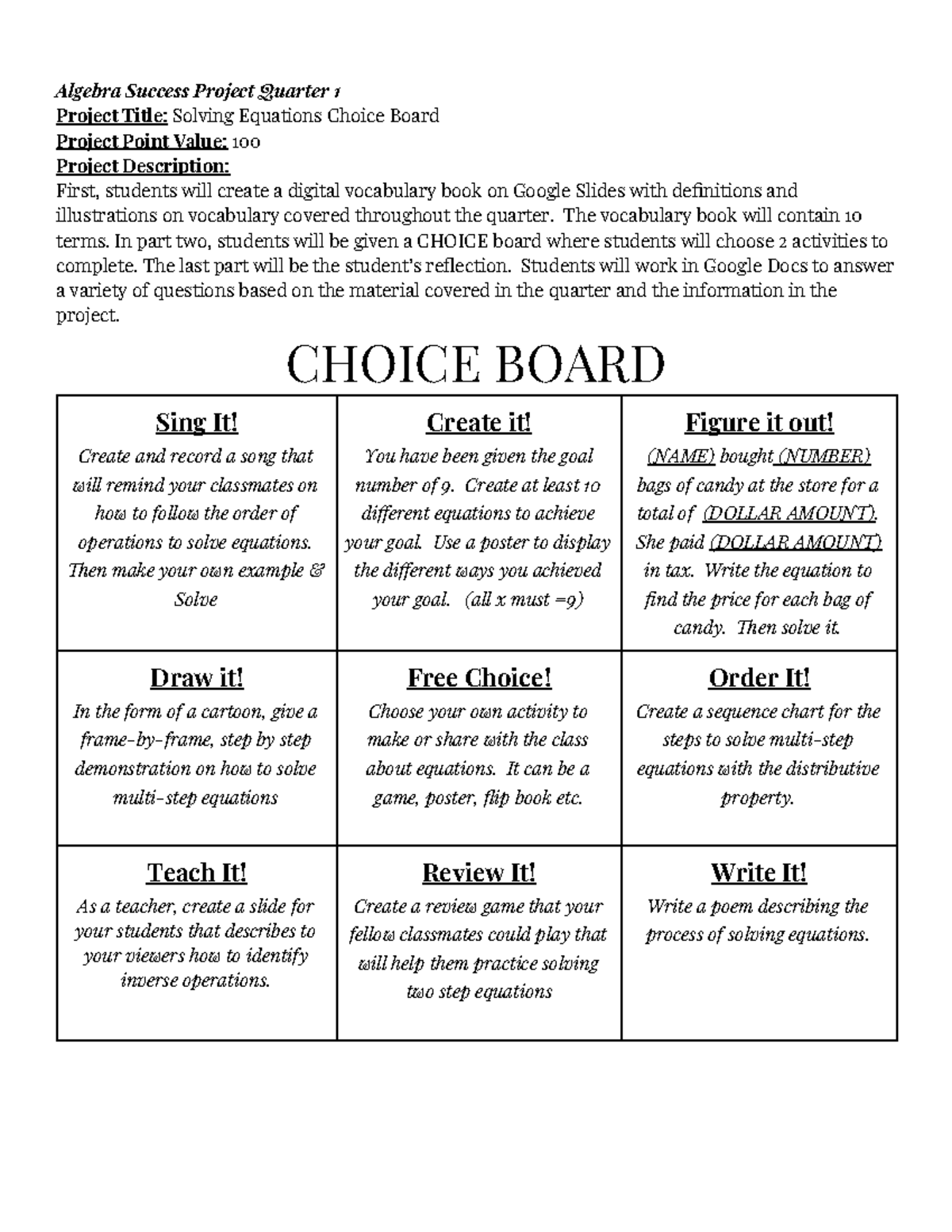 Algebra 101 - Quarter 1 Solving Equations Choice Board Project - Studocu