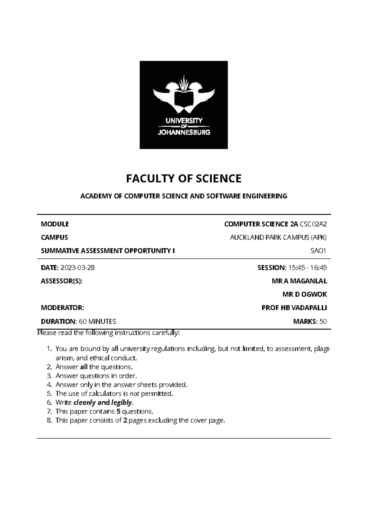Acsse CSC2A 2023 SAO1 MAIN - FACULTY OF SCIENCE ACADEMY OF COMPUTER SCIENCE AND SOFTWARE ...