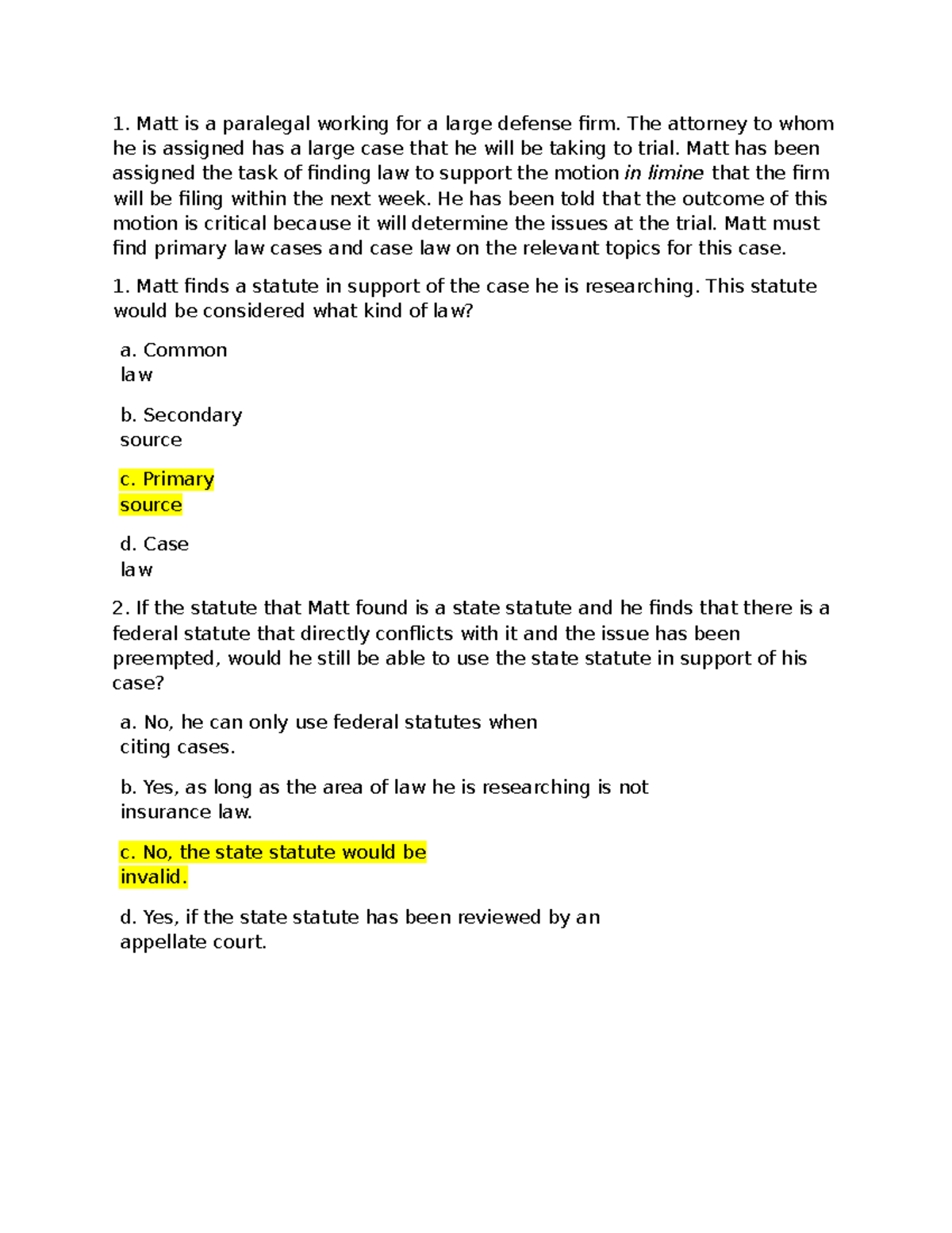 Case Study Quiz- Sources of American Law and Legal Principles - Studocu