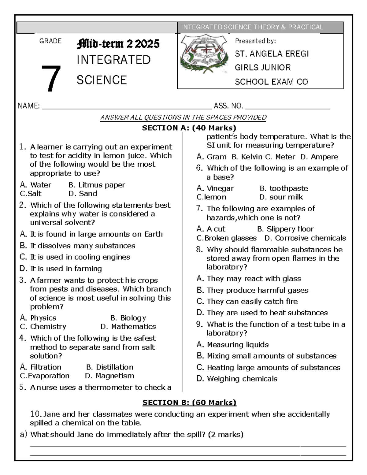 Grade 7 Integrated Science Practical Exam 2025 - Studocu