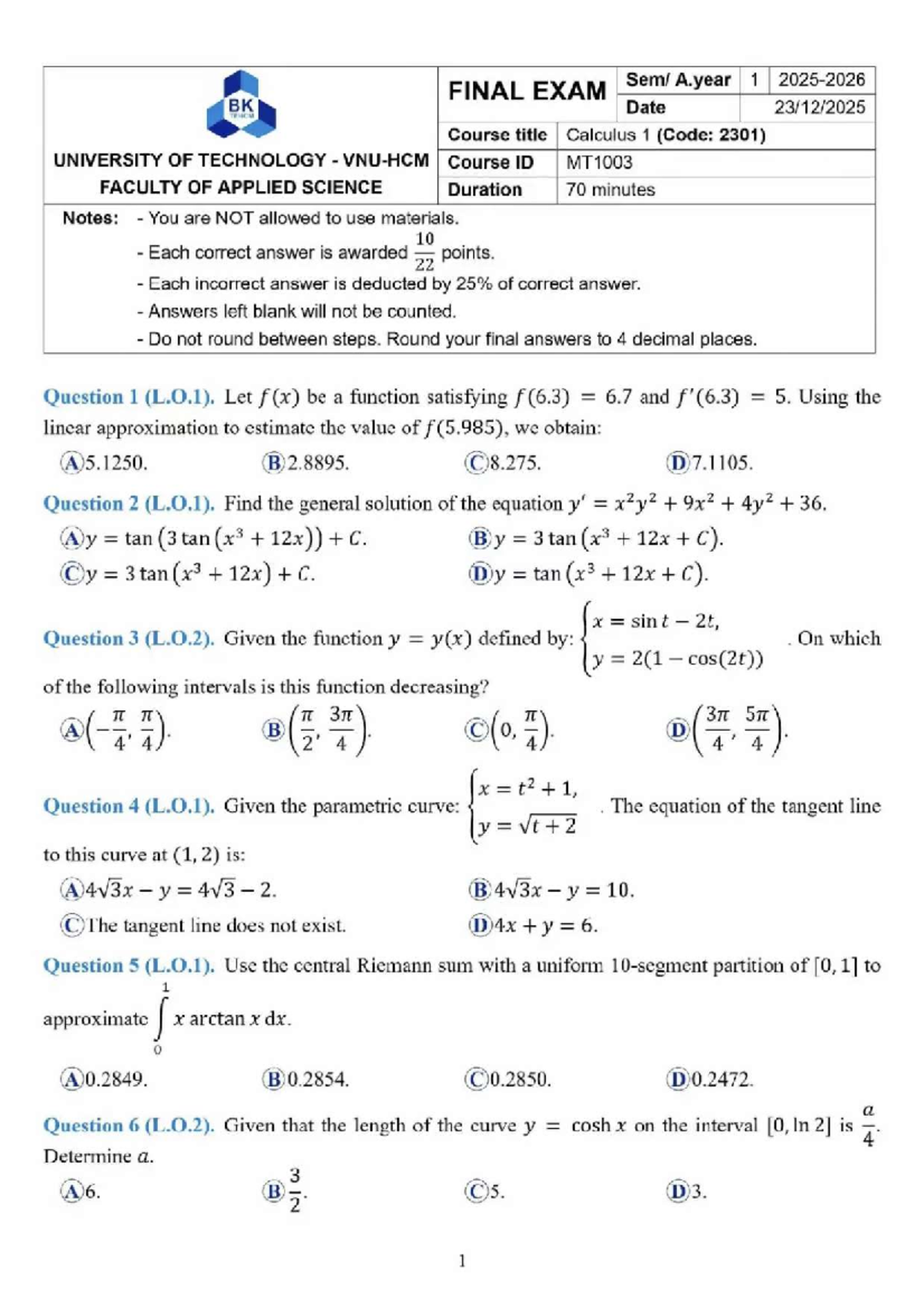 Calculus 1 Final Exam (Code: 2301) - Year 1 Notes - Studocu