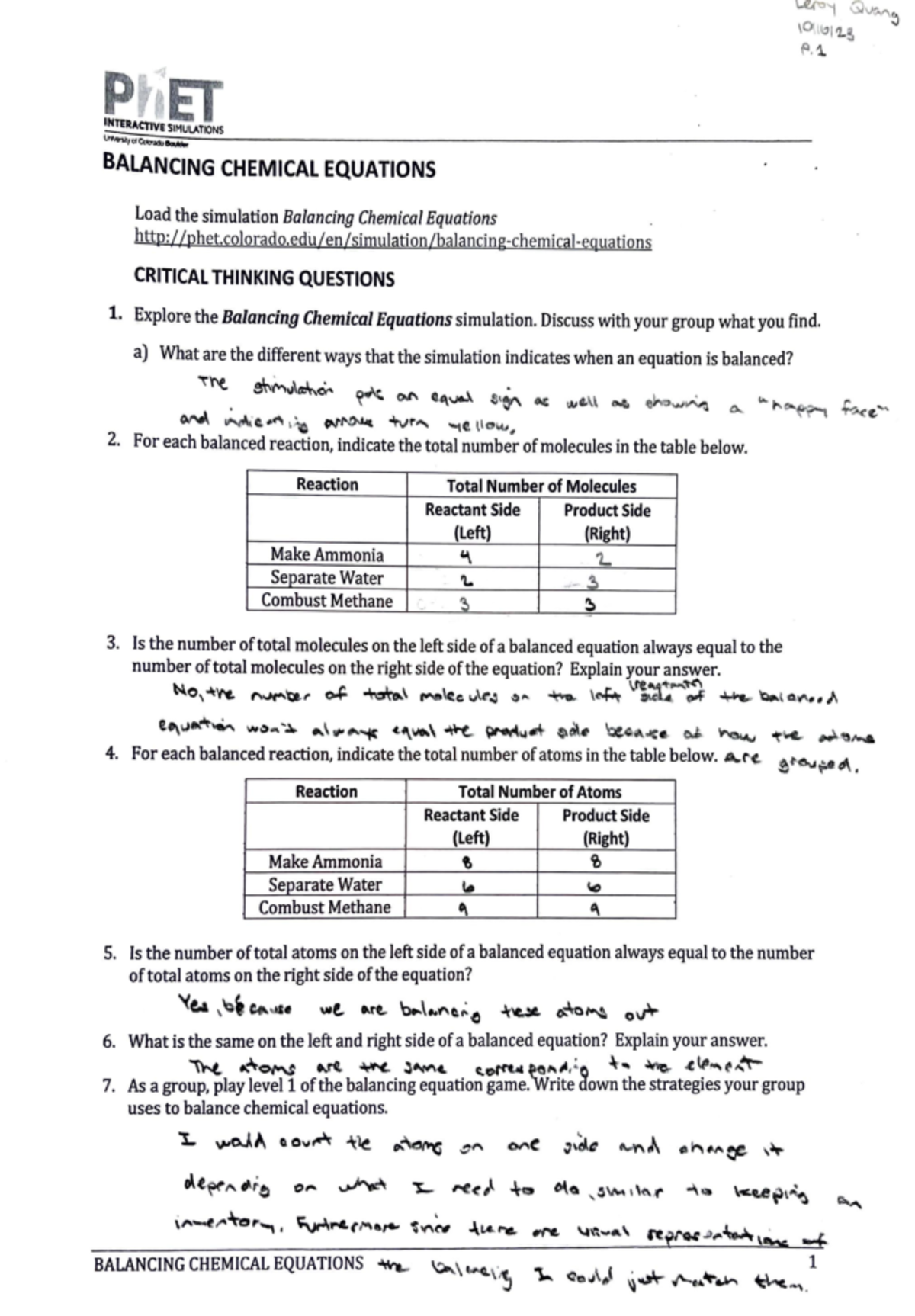 Balancing Chemical Equations Simulation Activity PHET - Studocu