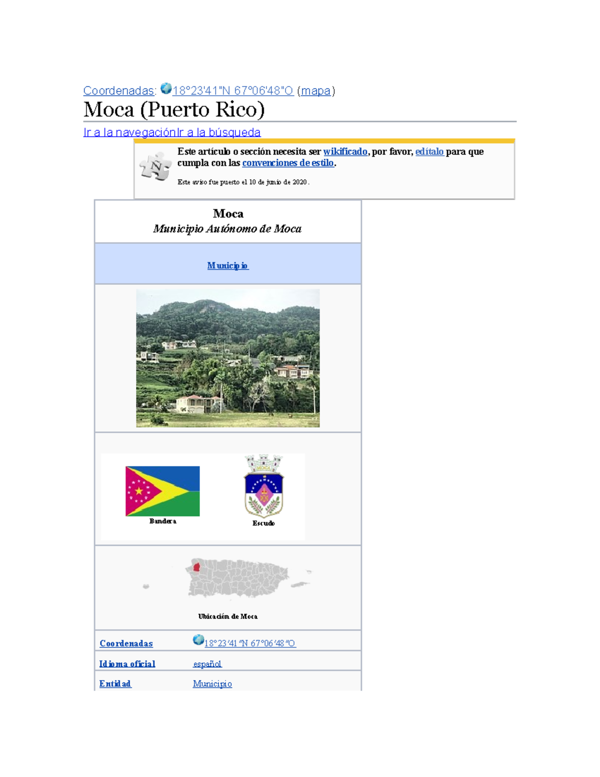 Moca (Puerto Rico) - Coordenadas: 18°23′41′′N 67°06′48′′O (mapa) Moca ...