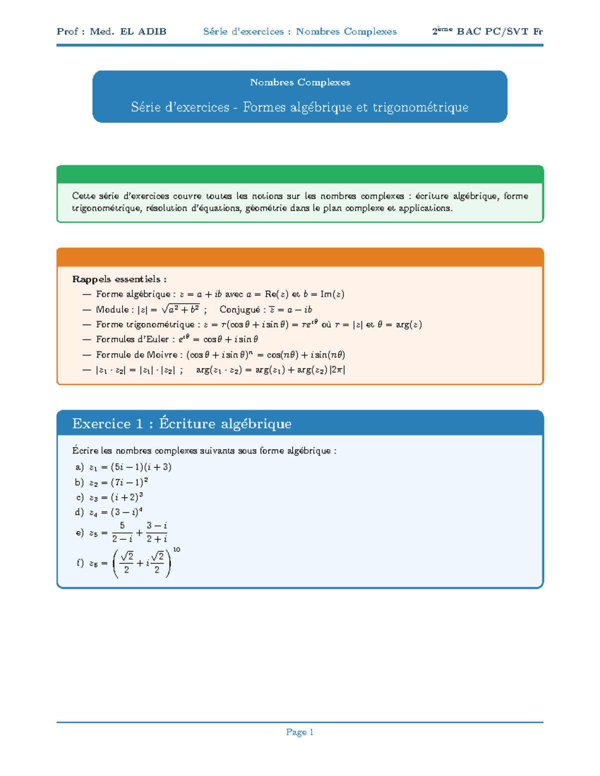 Nombres Complexes BAC Fr : Notions, Formes et Exercices Complets - Studocu