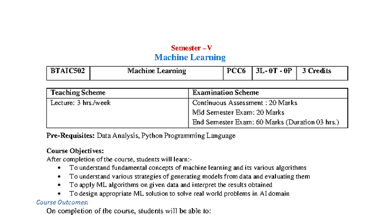 Machine Learning Lecture Notes BTAIC502 - Teaching Scheme Overview ...