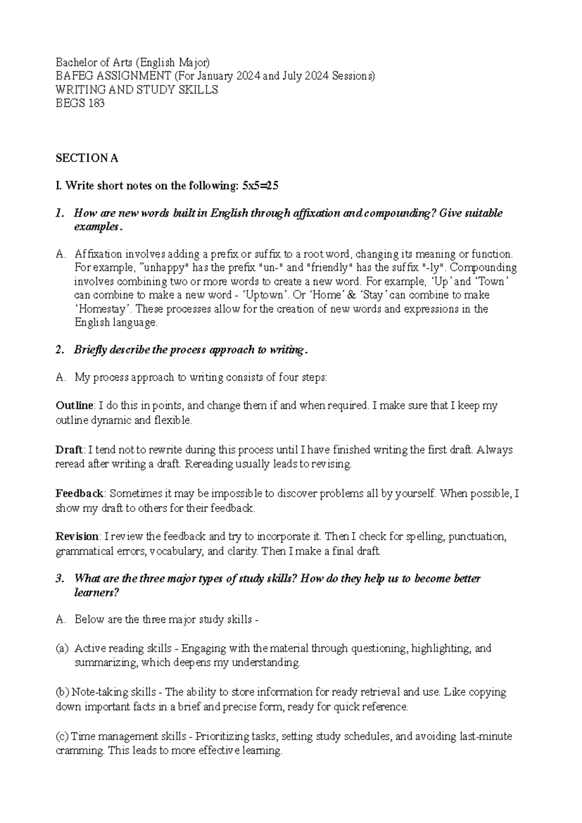 Assignment Notes: Writing & Study Skills Overview - BEGS 183 - Studocu