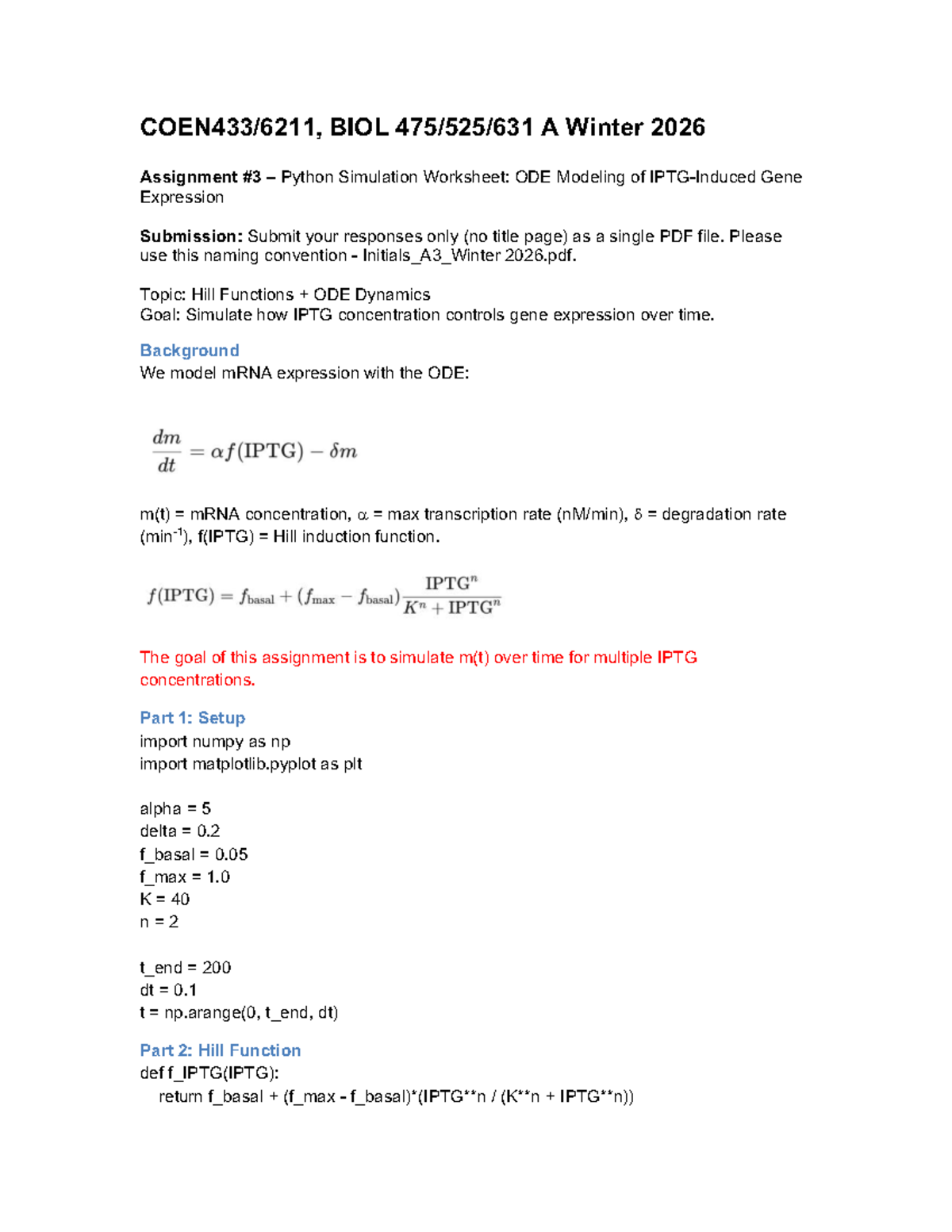 BIOL A Winter 2026 Assignment #3: ODE Hill Function Simulation - Studocu