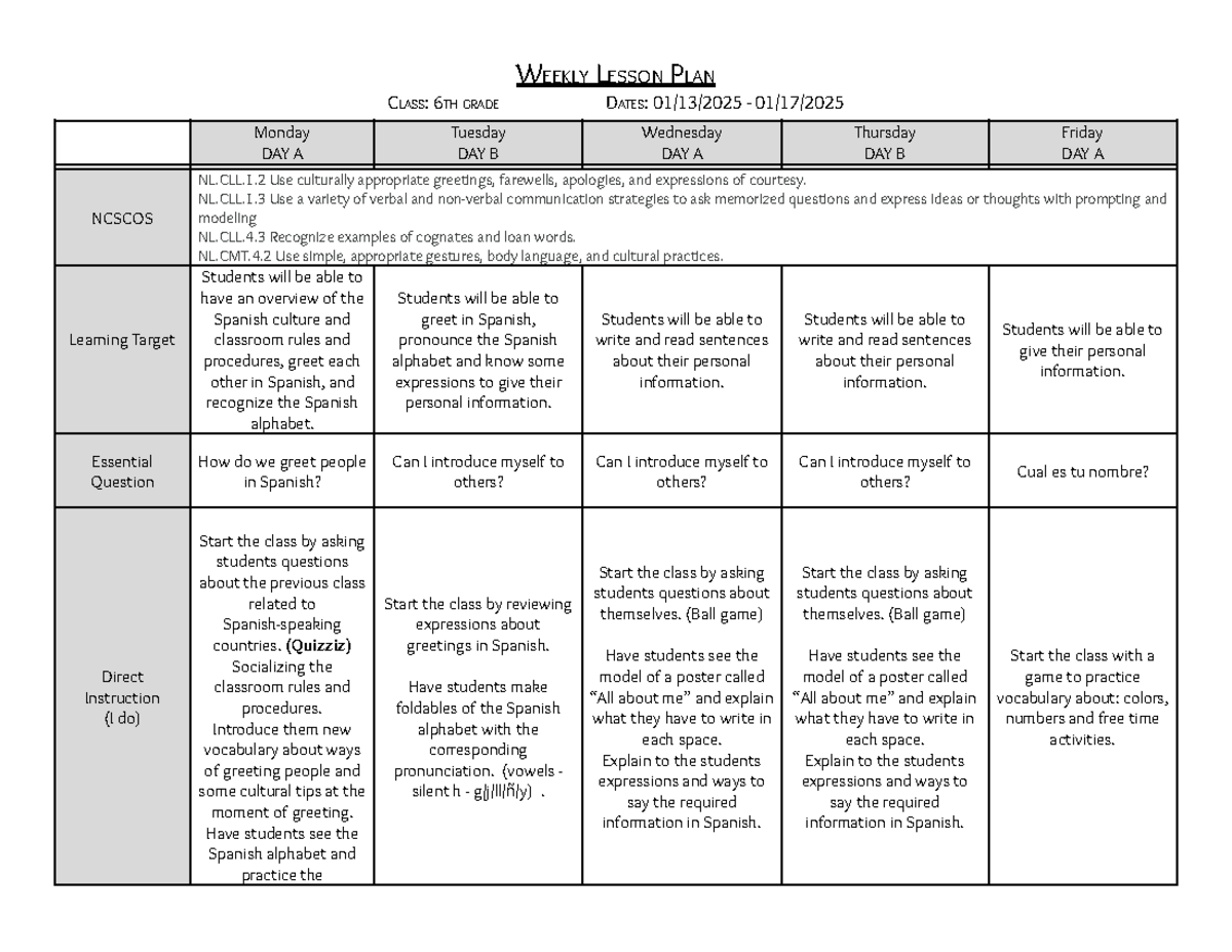 Spanish 6TH- WEEK 2 - mmmm - WEEKLY LESSON PLAN CLASS: 6TH GRADE DATES ...