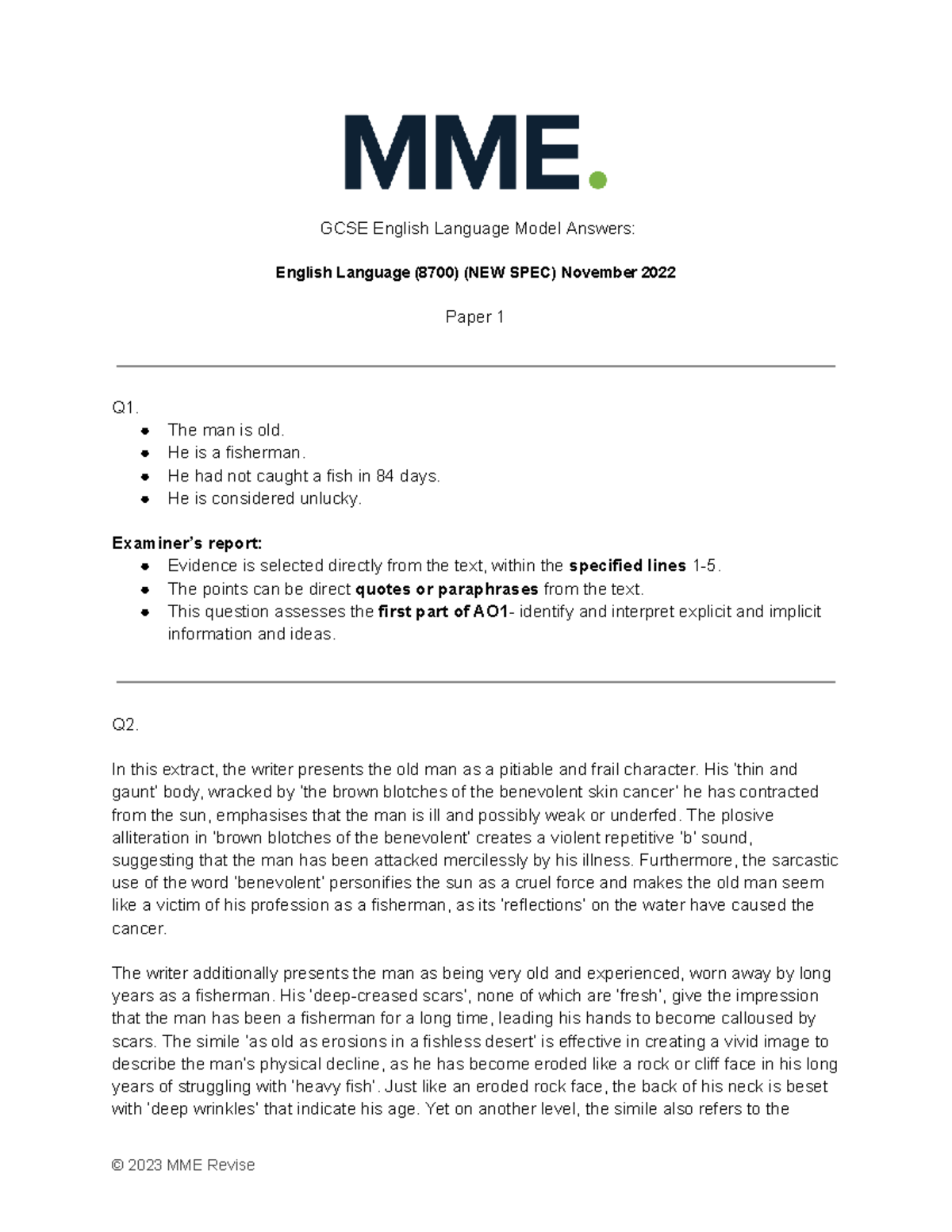 GCSE English Language (8700) Nov 2022 Paper 1 Model Answers - Studocu