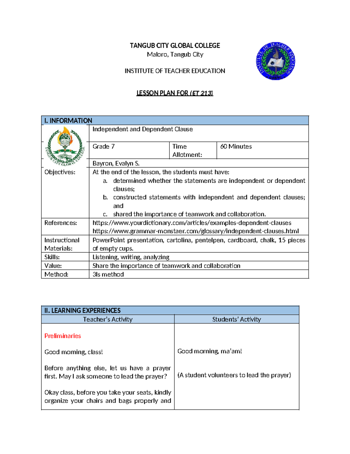 ET 213 Lesson Plan: Understanding Independent & Dependent Clauses - Studocu