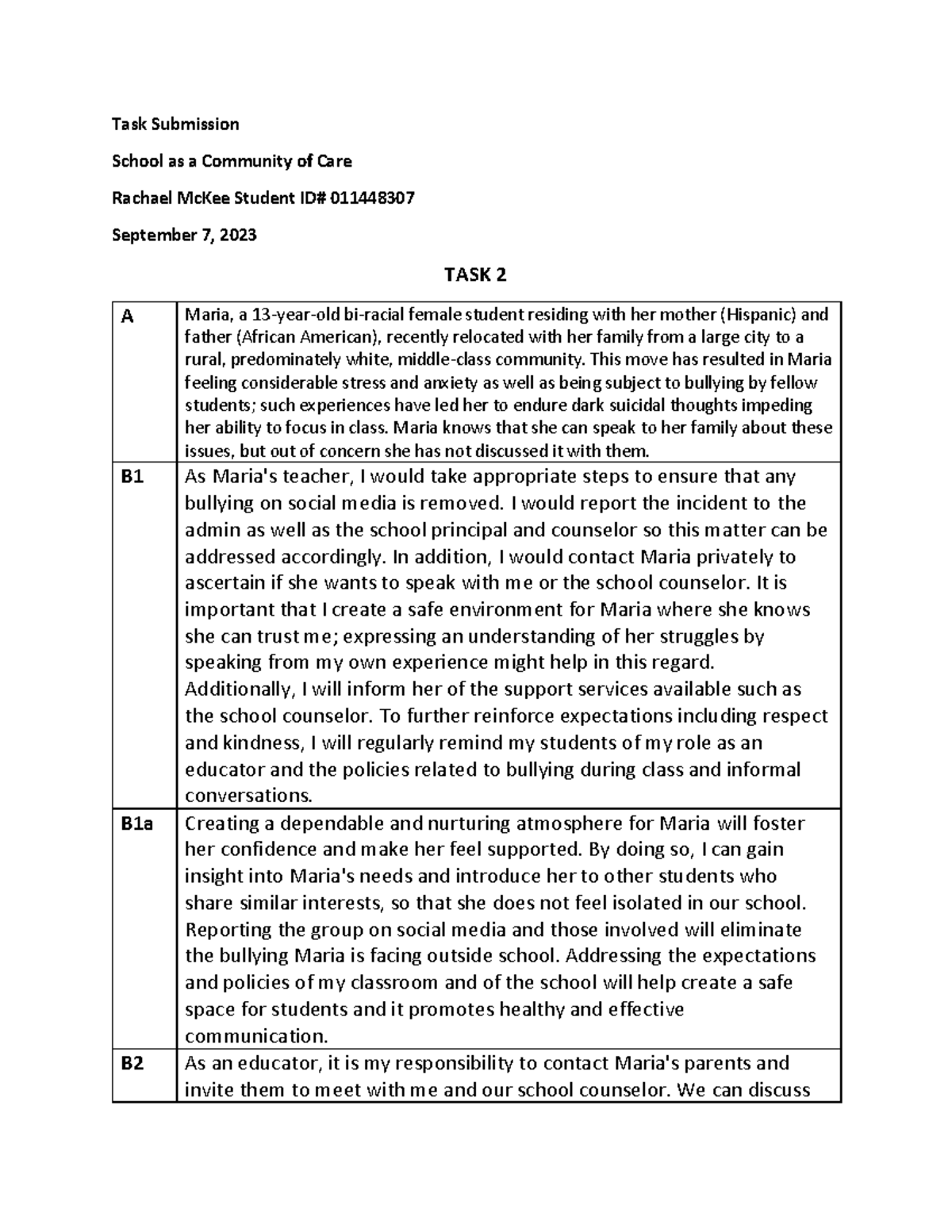 D090 Task 2 - Task 2 for WGUs D090 - School as a Community of Care ...
