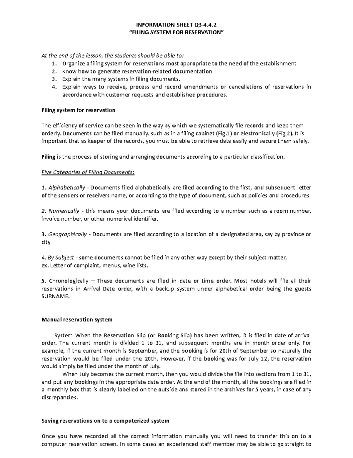 RFC Module 5-HE2-FOS1 - Lesson 5: Filing Systems for Reservations - Studocu