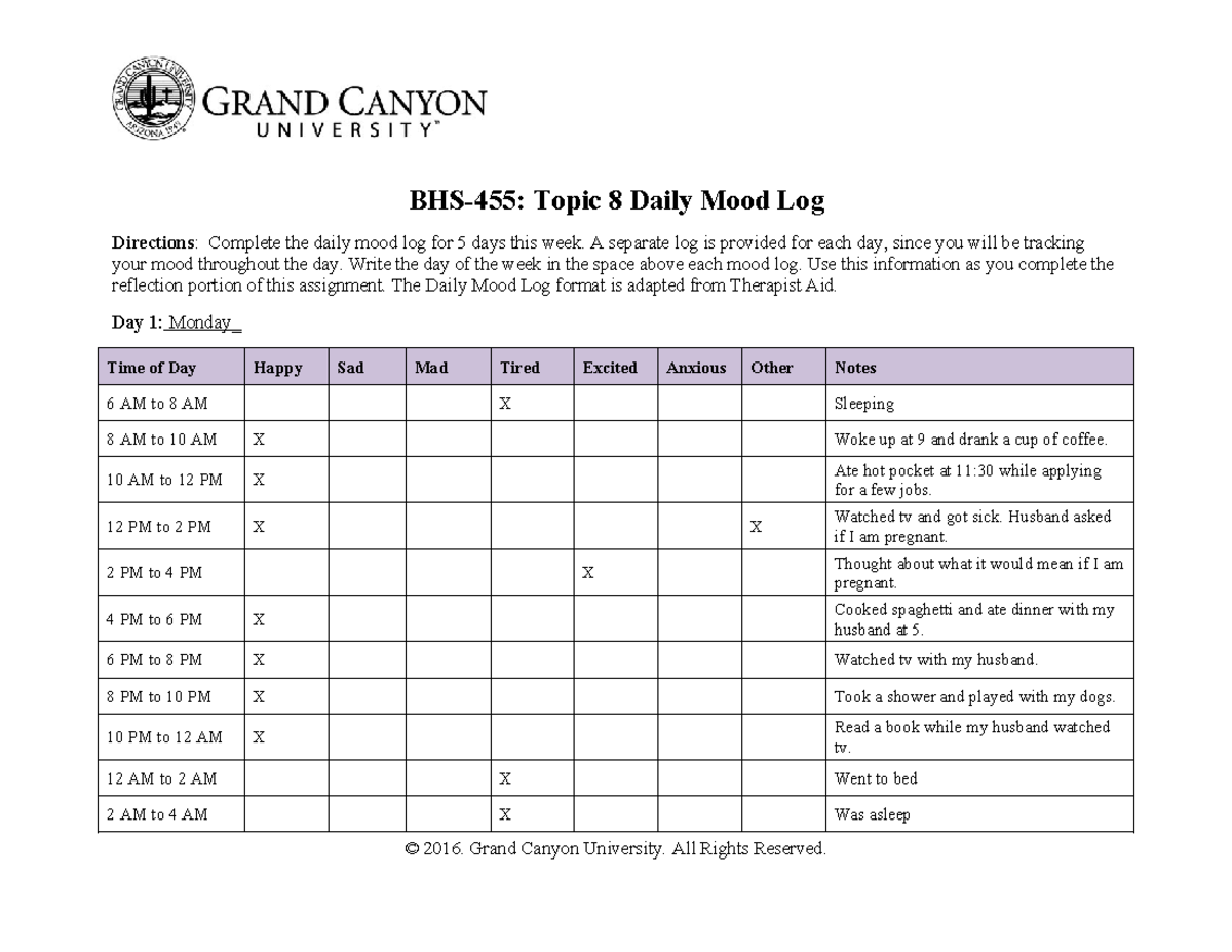 BHS-455 - Daily Mood Log Assignment for 5 Days - Studocu