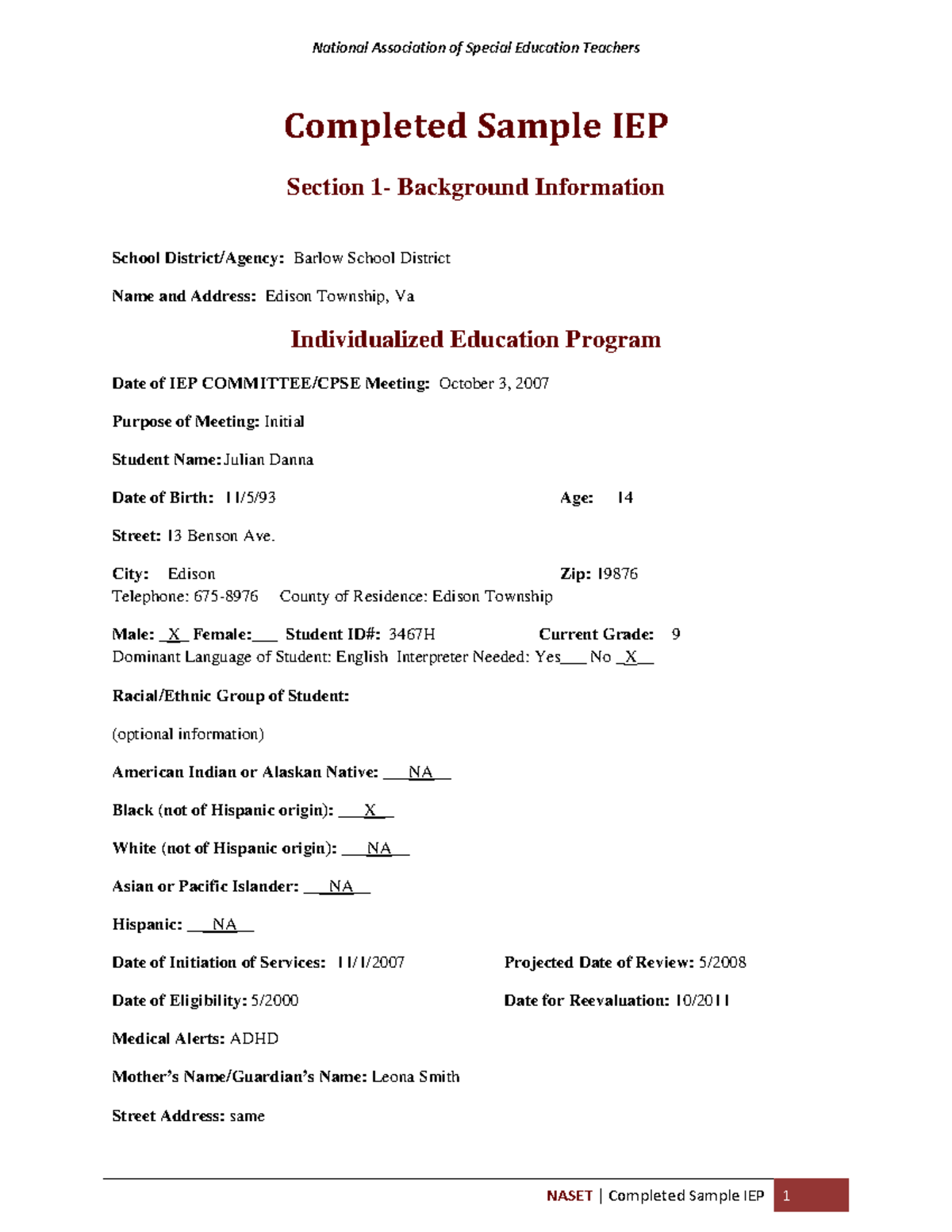 Completed Sample IEP for Julian Danna - Special Education Needs - Studocu
