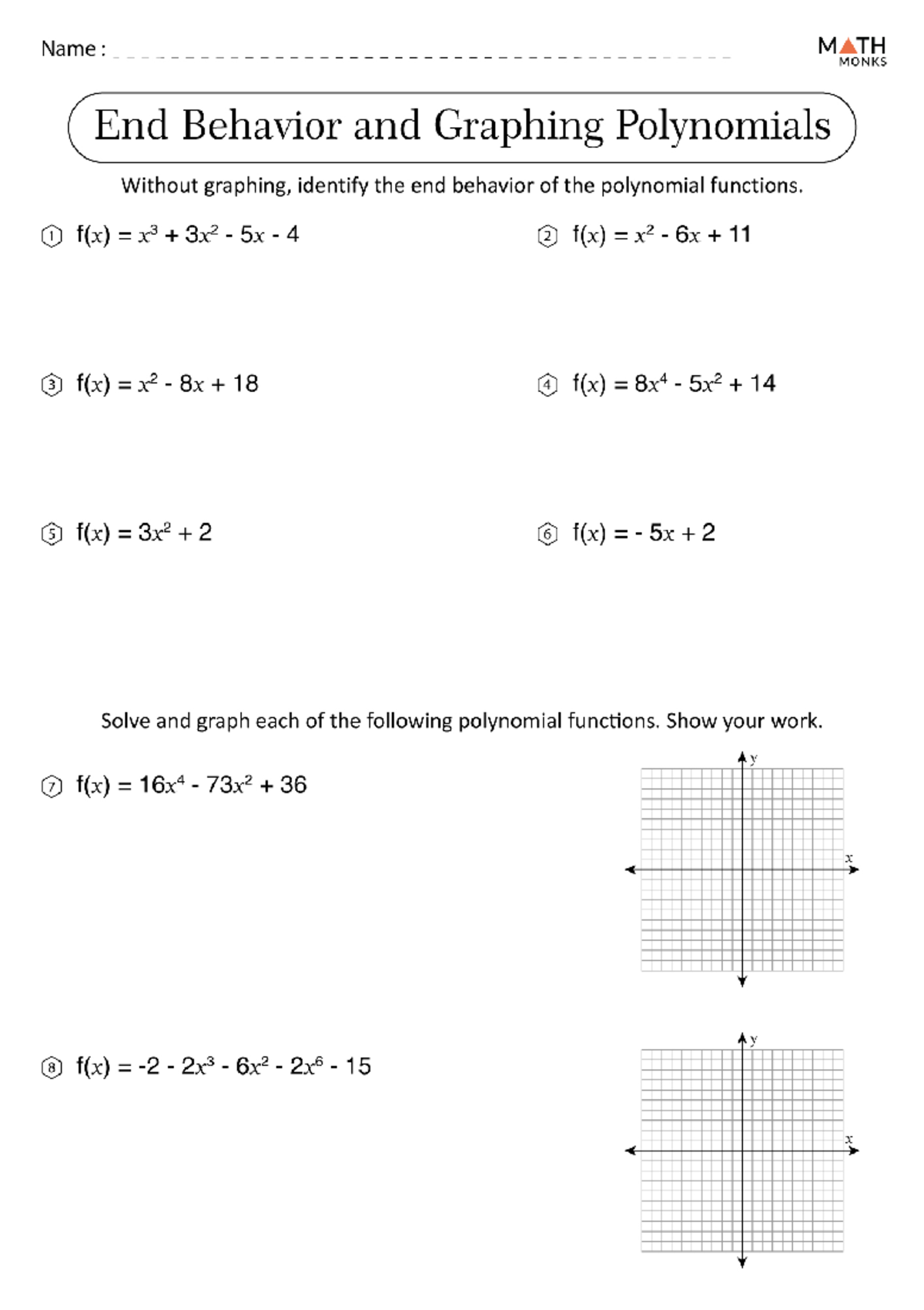 MATH 101: Practice Worksheet on End Behavior & Graphing Polynomials ...