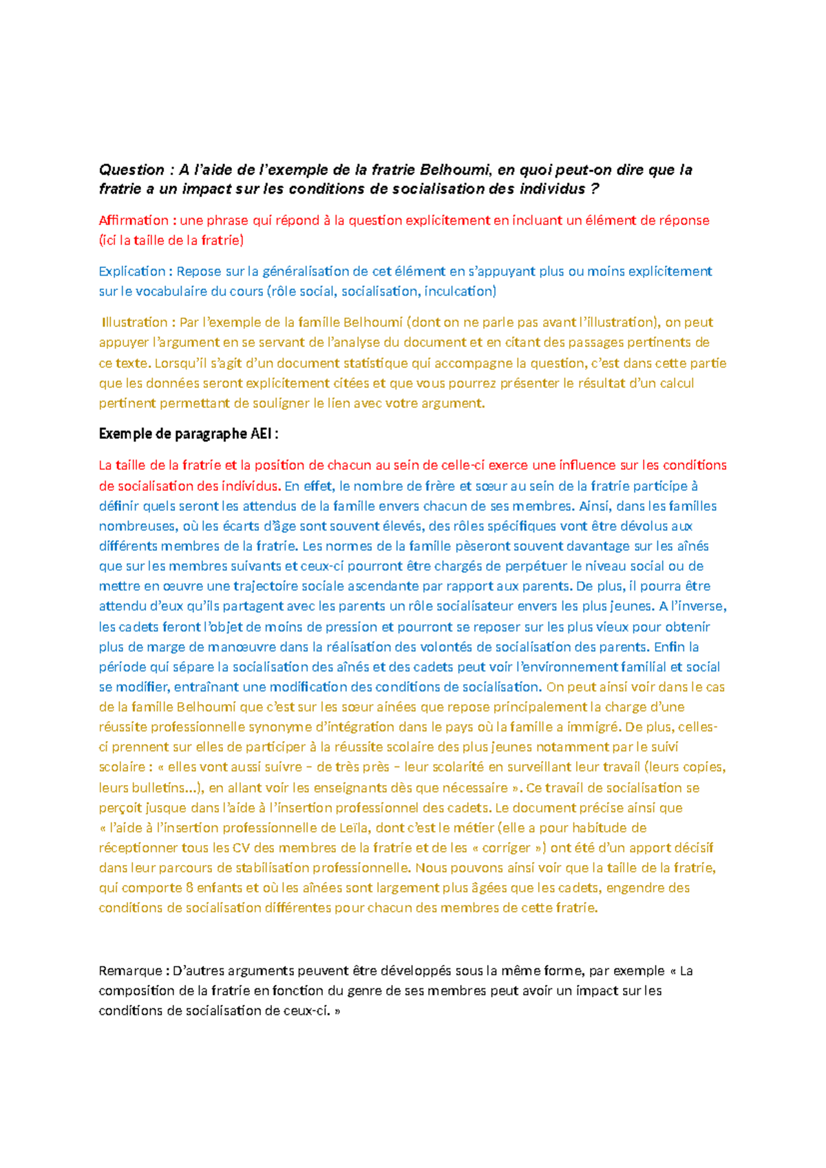 Exemple de Paragraphe AEI : Impact de la Fratrie sur la Socialisation ...