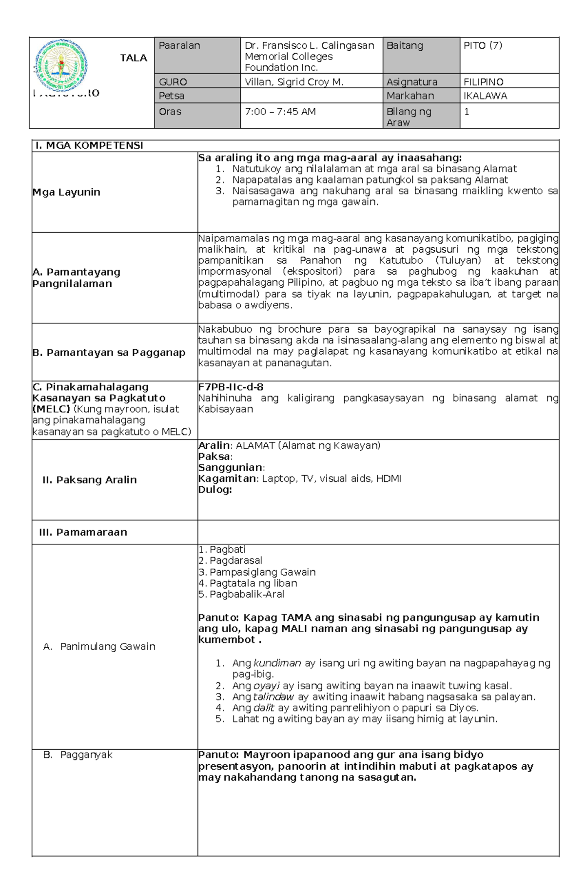 FILIPINO 7: Alamat ng Kawayan - Lesson Plan at Gawain - Studocu