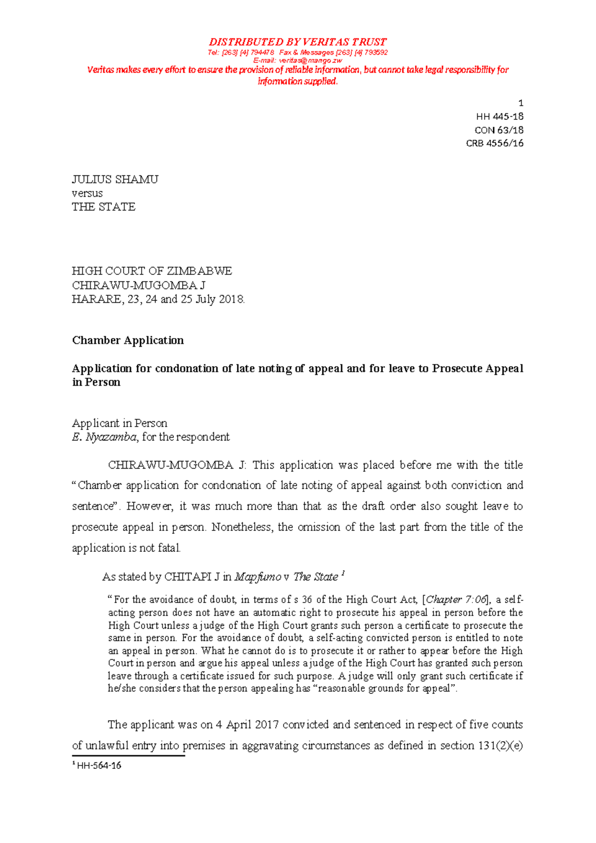 HH CON CRB 445-18: Application for Condonation of Late Appeal - Studocu