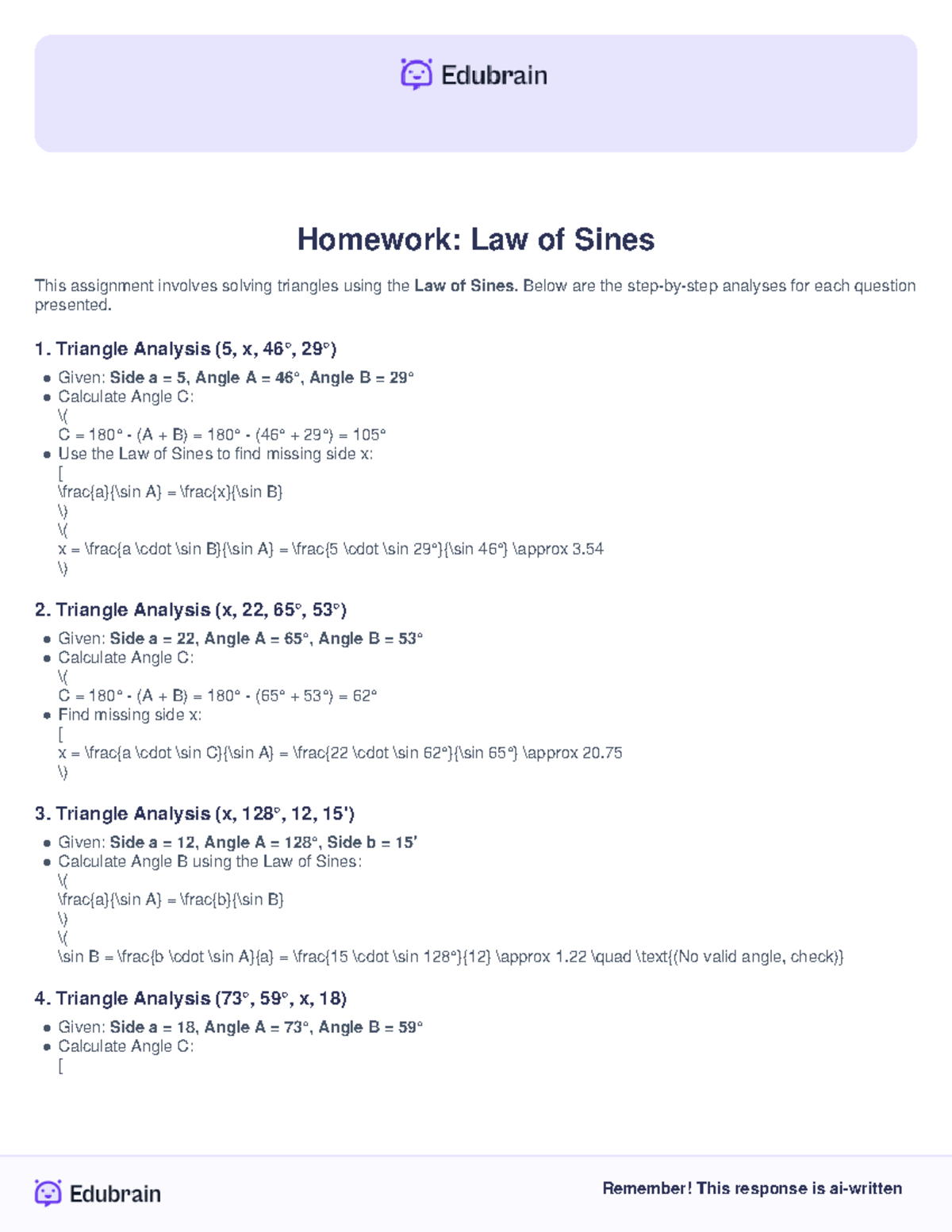 Homework: Law of Sines Triangle Analysis and Solutions - Studocu
