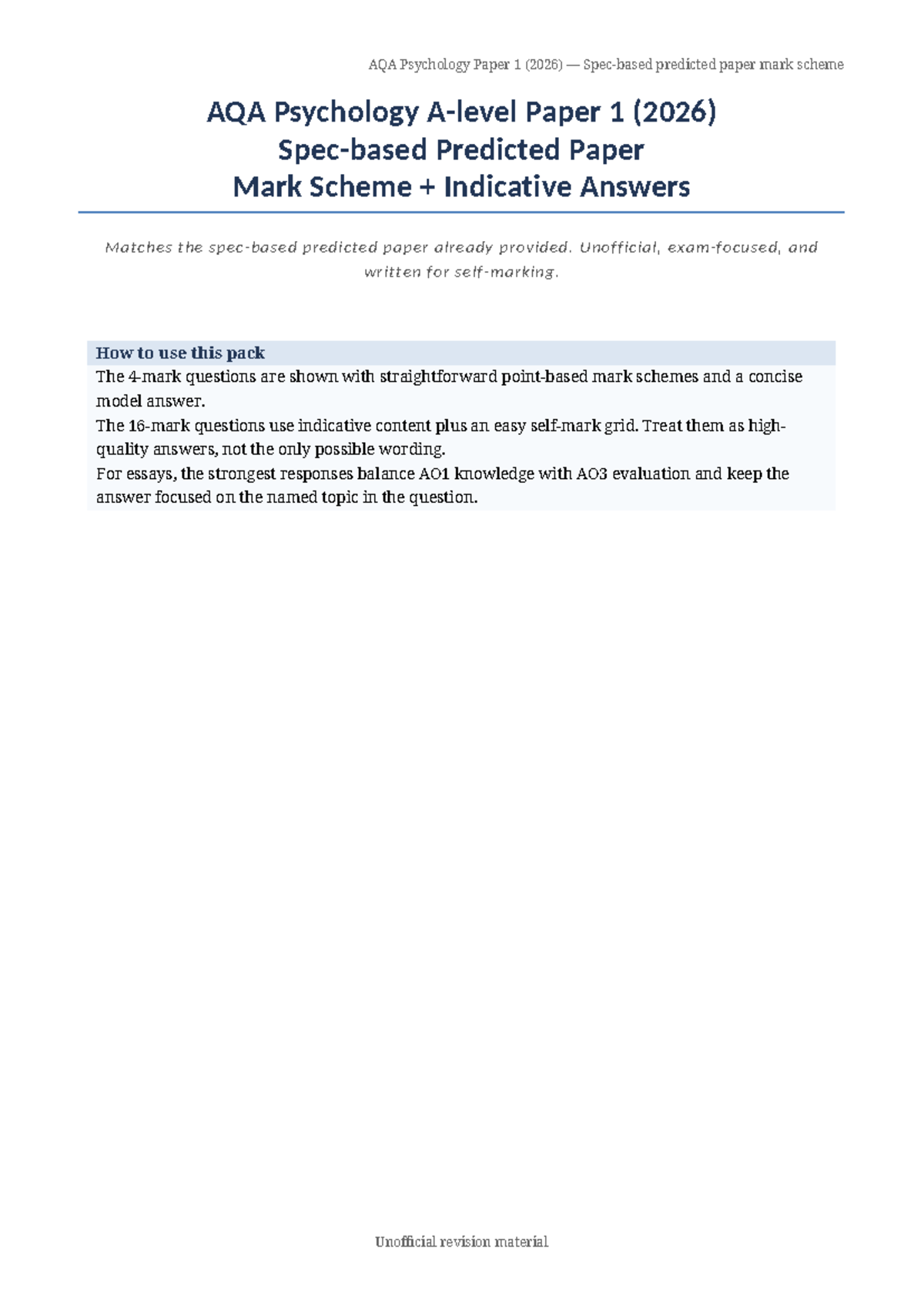 AQA Psychology Paper 1 (2026) Spec-Based Predicted Mark Scheme - Studocu