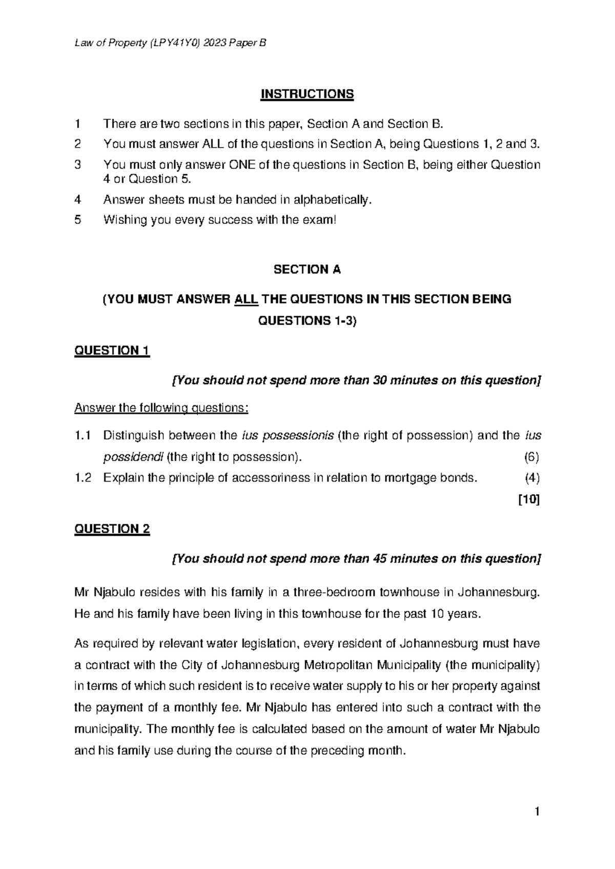 Law of Property (LPY41Y0) 2023 Exam Paper B Instructions & Questions ...