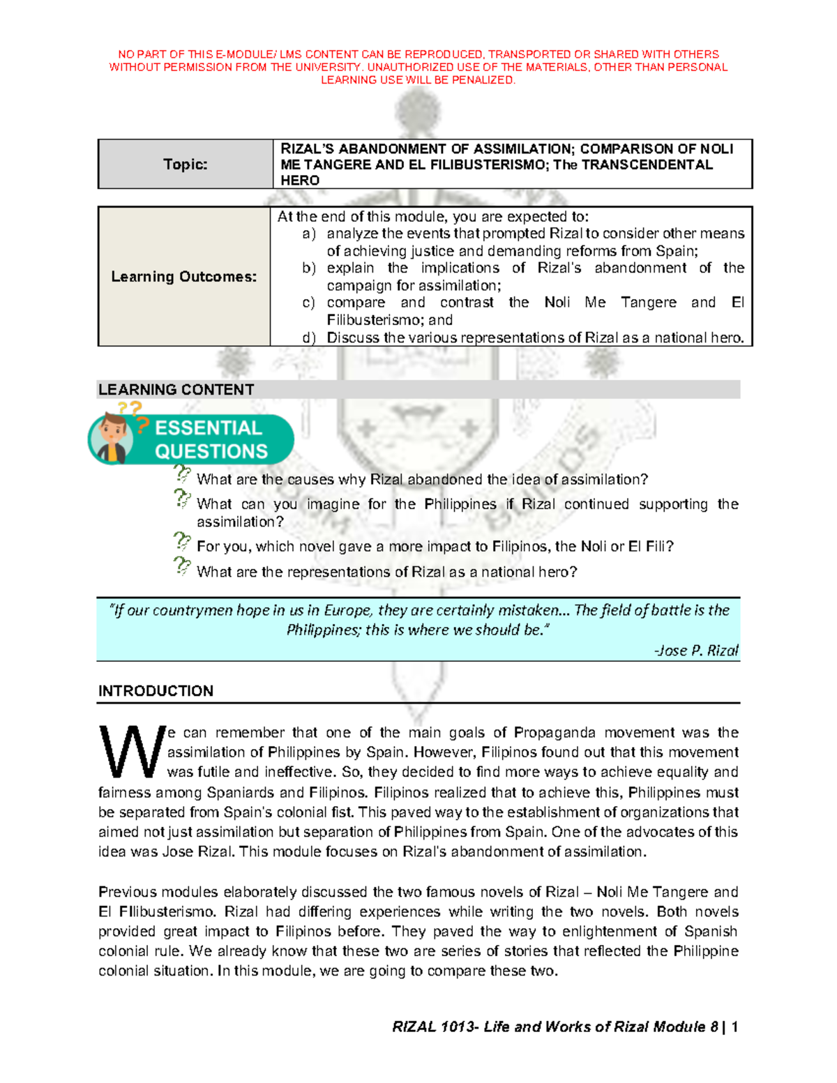 RZAL 1013 Module 8: Analyzing Rizal's Noli and El Fili in Context - Studocu
