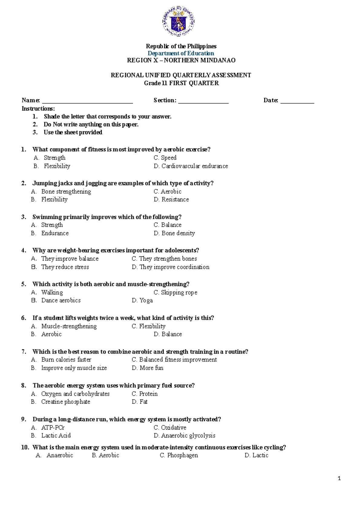 PE 11 1st Quarter Assessment: Fitness Components & Training Principles ...