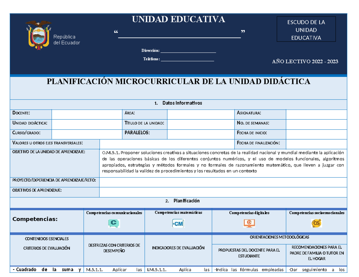 PLANIFICACIÓN MICROCURRICULAR UNIDAD DIDÁCTICA 1 - AÑO LECTIVO 2022-2023 - Studocu