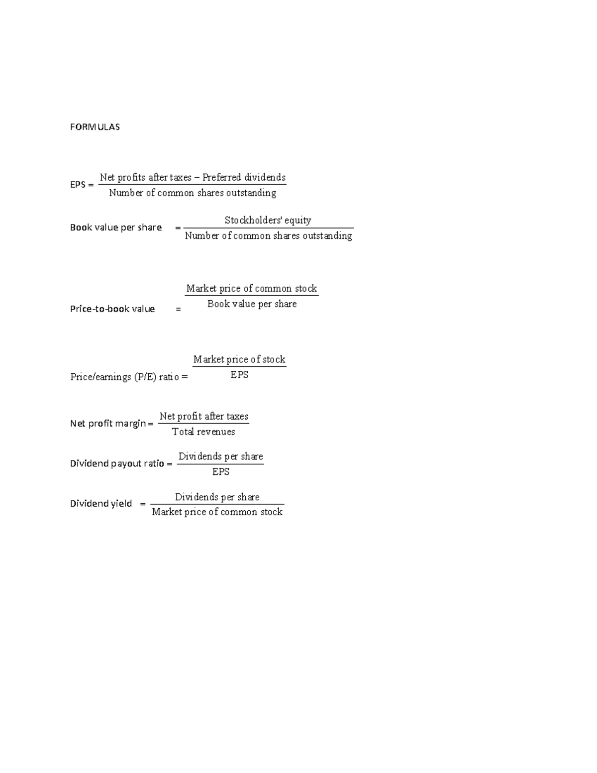 212 formula sheet for bonds - FORMULAS EPS Net profits after taxes ...