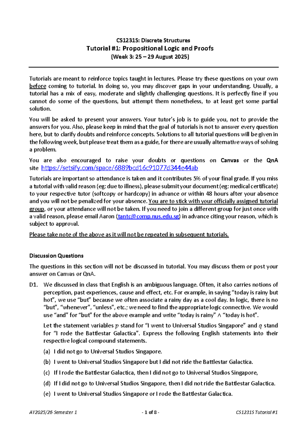 CS1231S: Discrete Structures Tutorial on Propositional Logic (Week 3) - Studocu