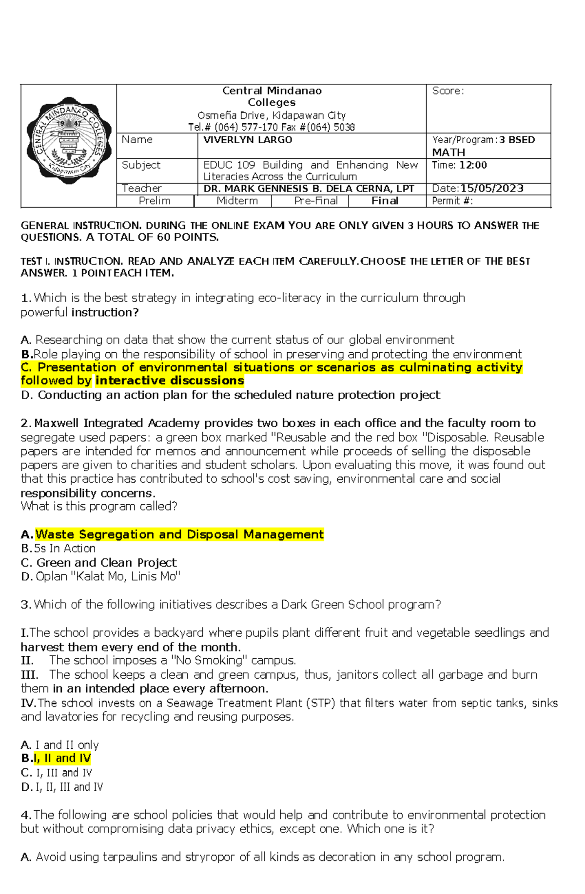 EDUC 109 Final Exam: Building New Literacies in the Curriculum - Studocu